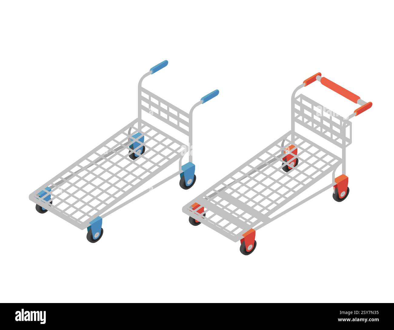 Isometric steel platform warehouse cart with blue and red handle. Metal ...