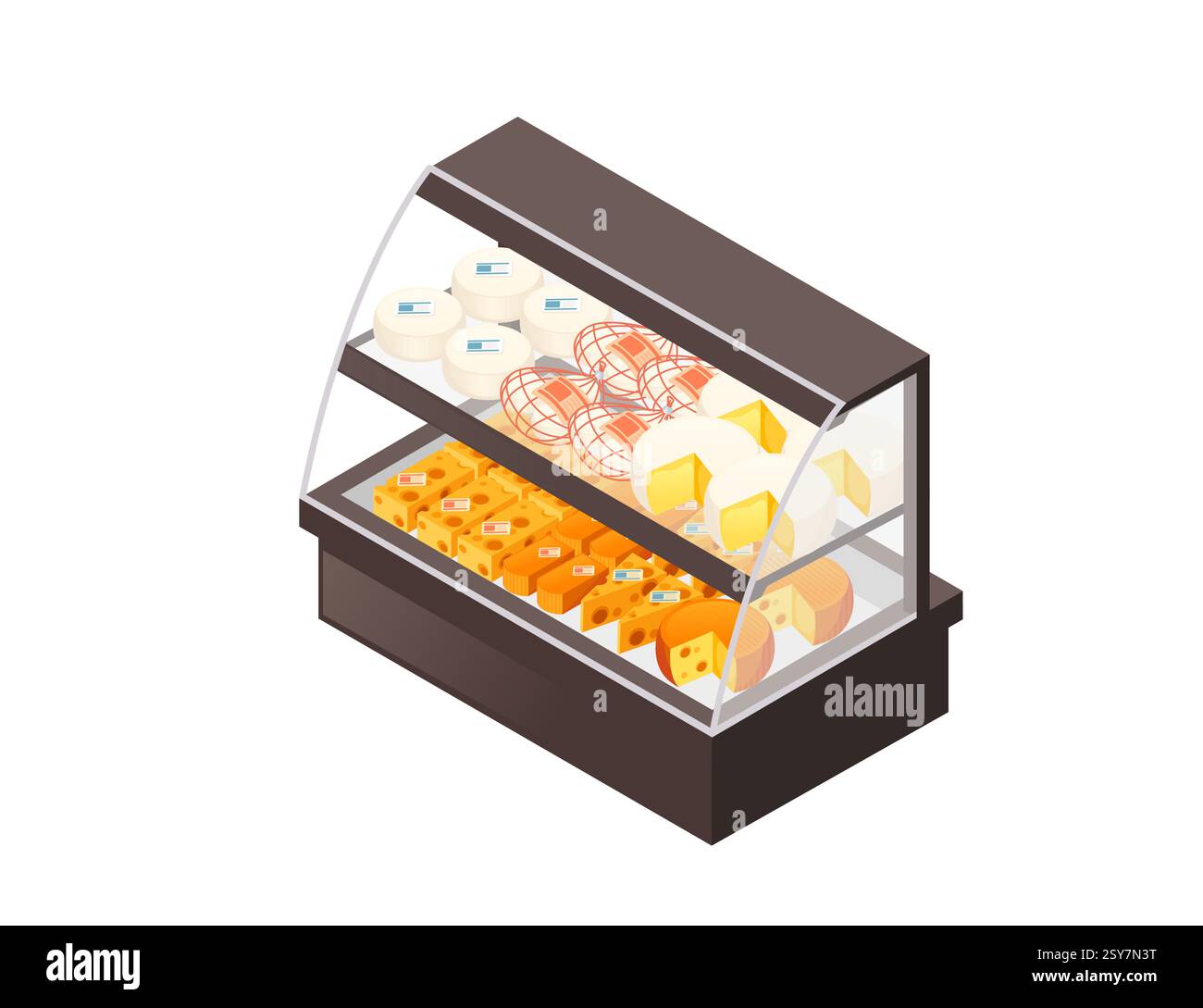 Isometric cheese display refrigerator. Various cheese types arranged on ...
