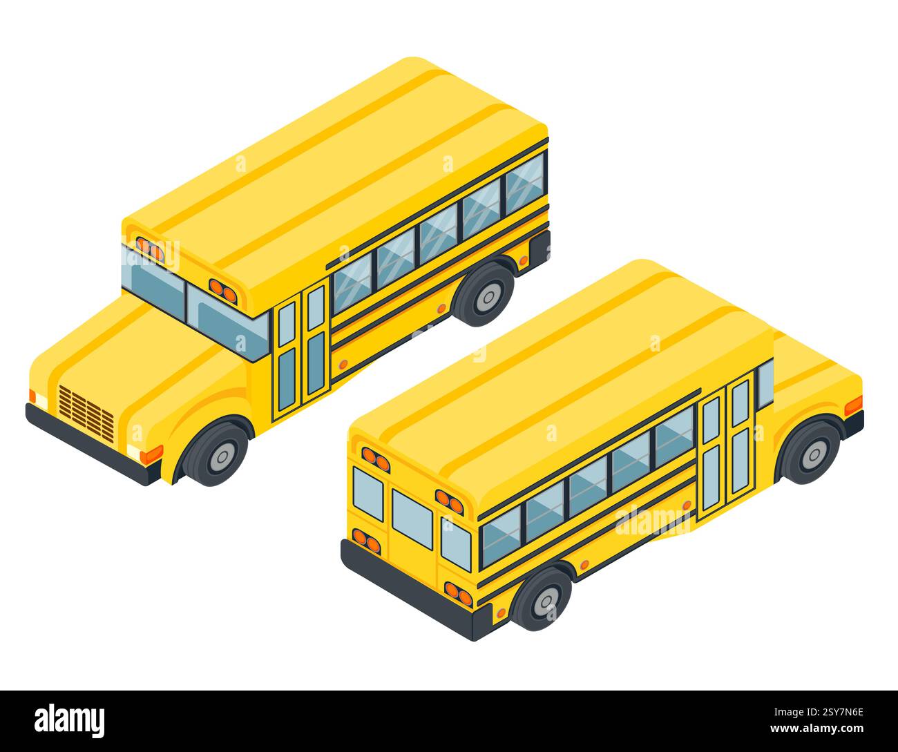 Isometric bright yellow school buses. Student transportation vehicles ...