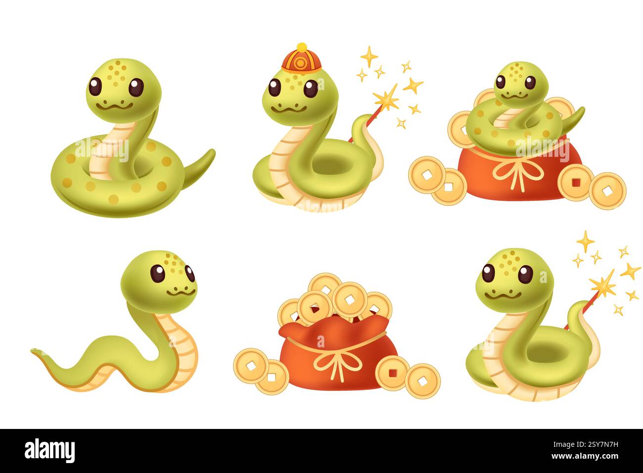 Cute snake with red festive chinese. Arrange of golden stars and ...