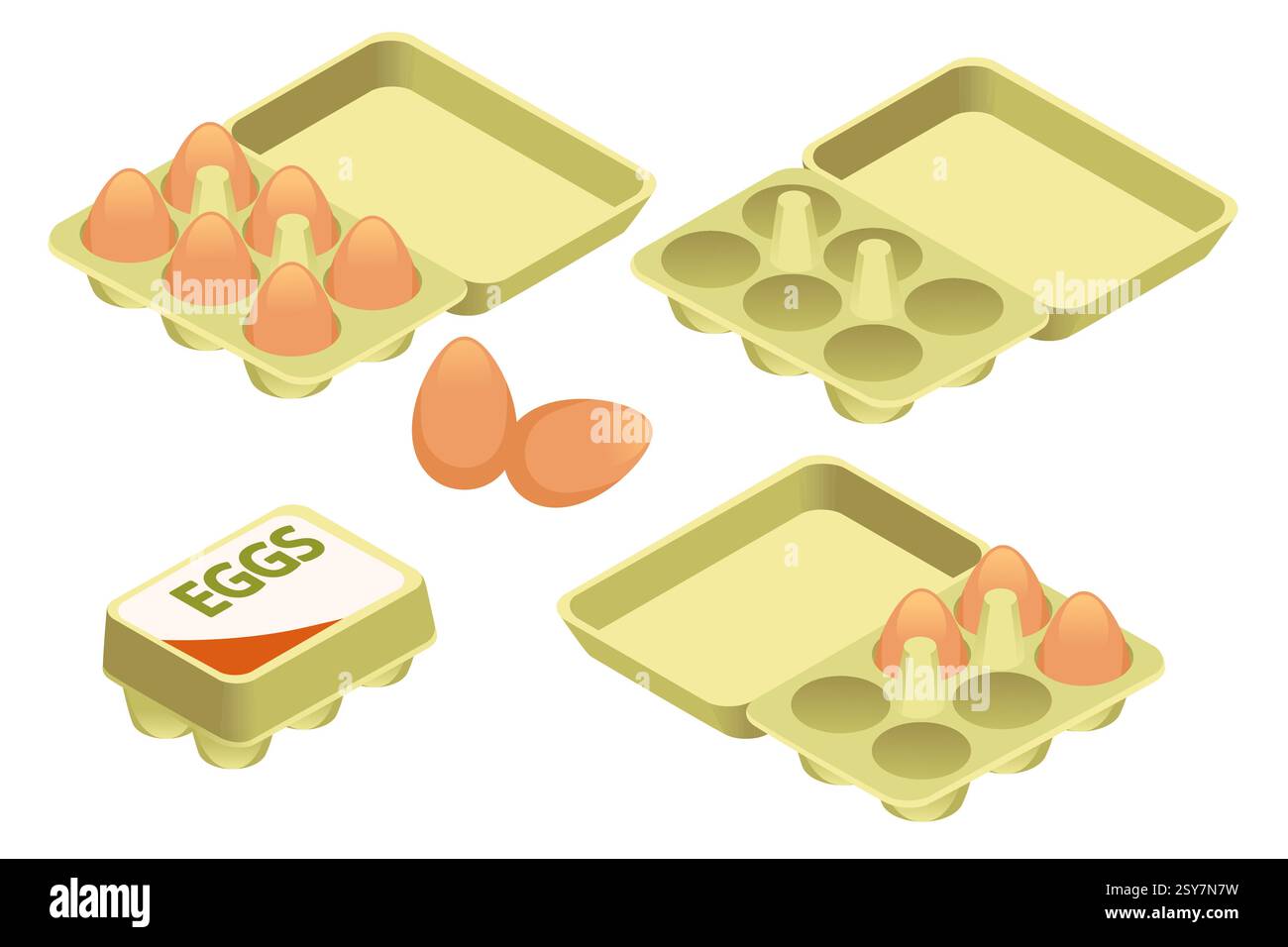 Various egg cartons and loose eggs. Green cardboard egg containers with brown eggs. Empty and ...