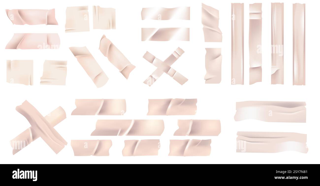 White ribbons and tape pieces. Various shapes and cuts. Adhesive strips ...