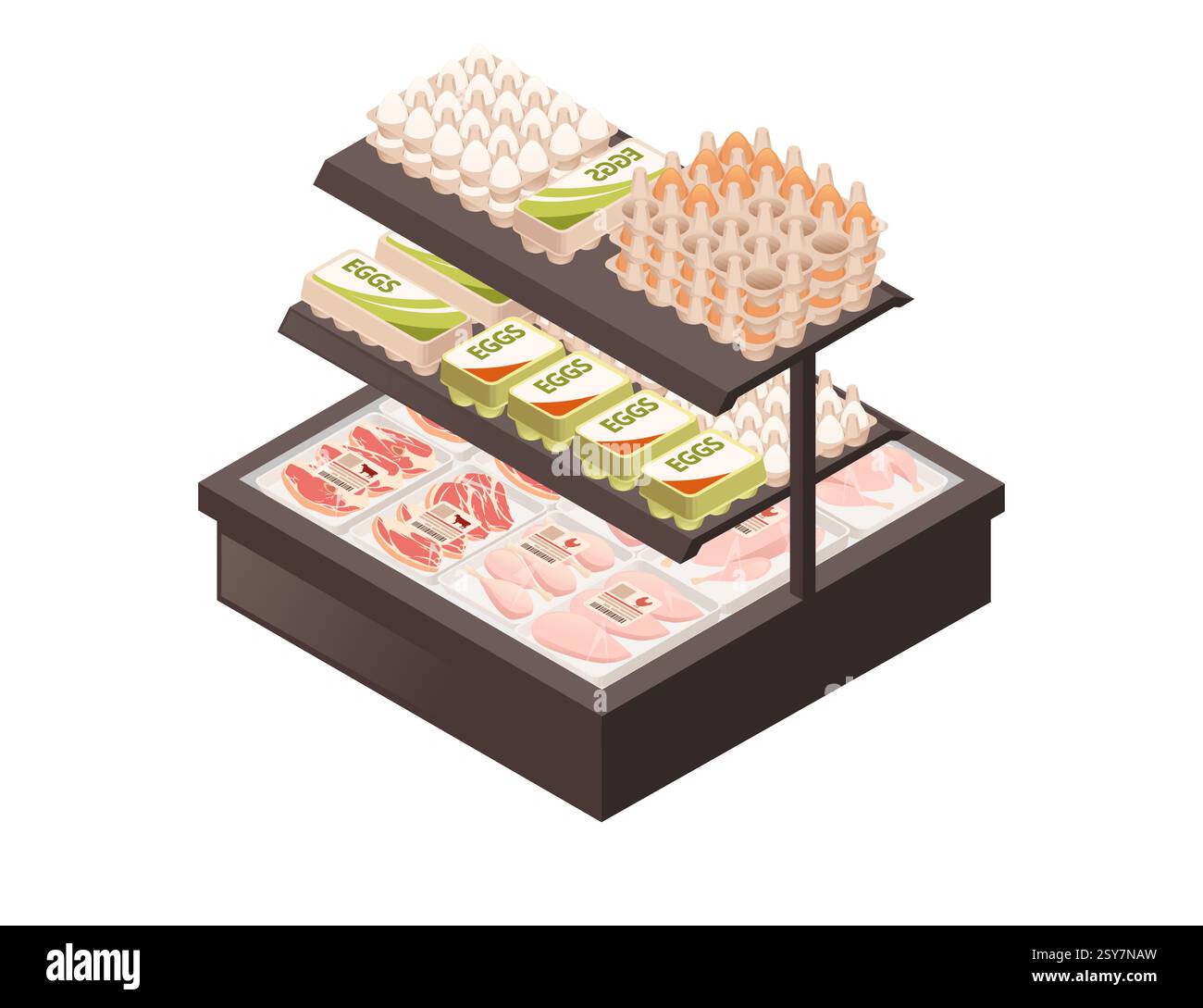 Refrigerated island display case with meat and eggs. Dual-level food ...