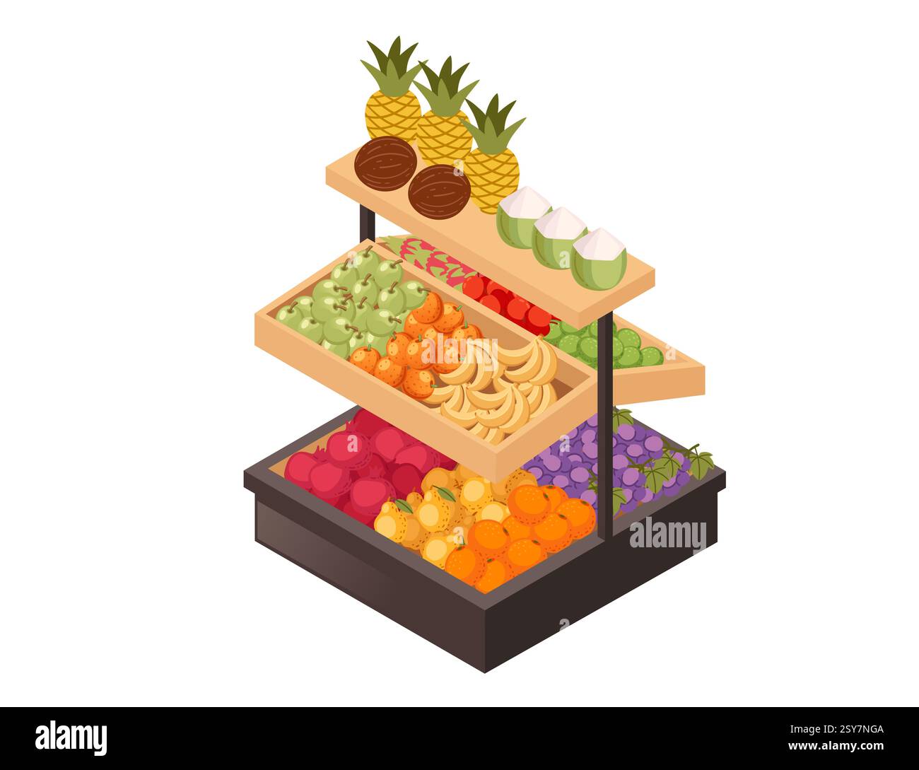 Grocery store produce display with fruits and vegetables. Multi-level ...