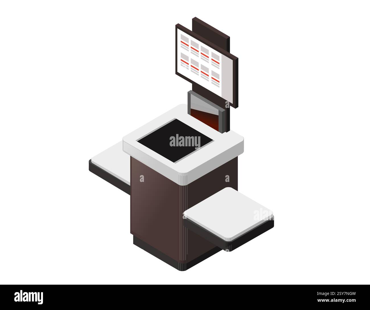 Isometric self-service checkout kiosks with screens. Supermarket payment terminals. Retail self ...