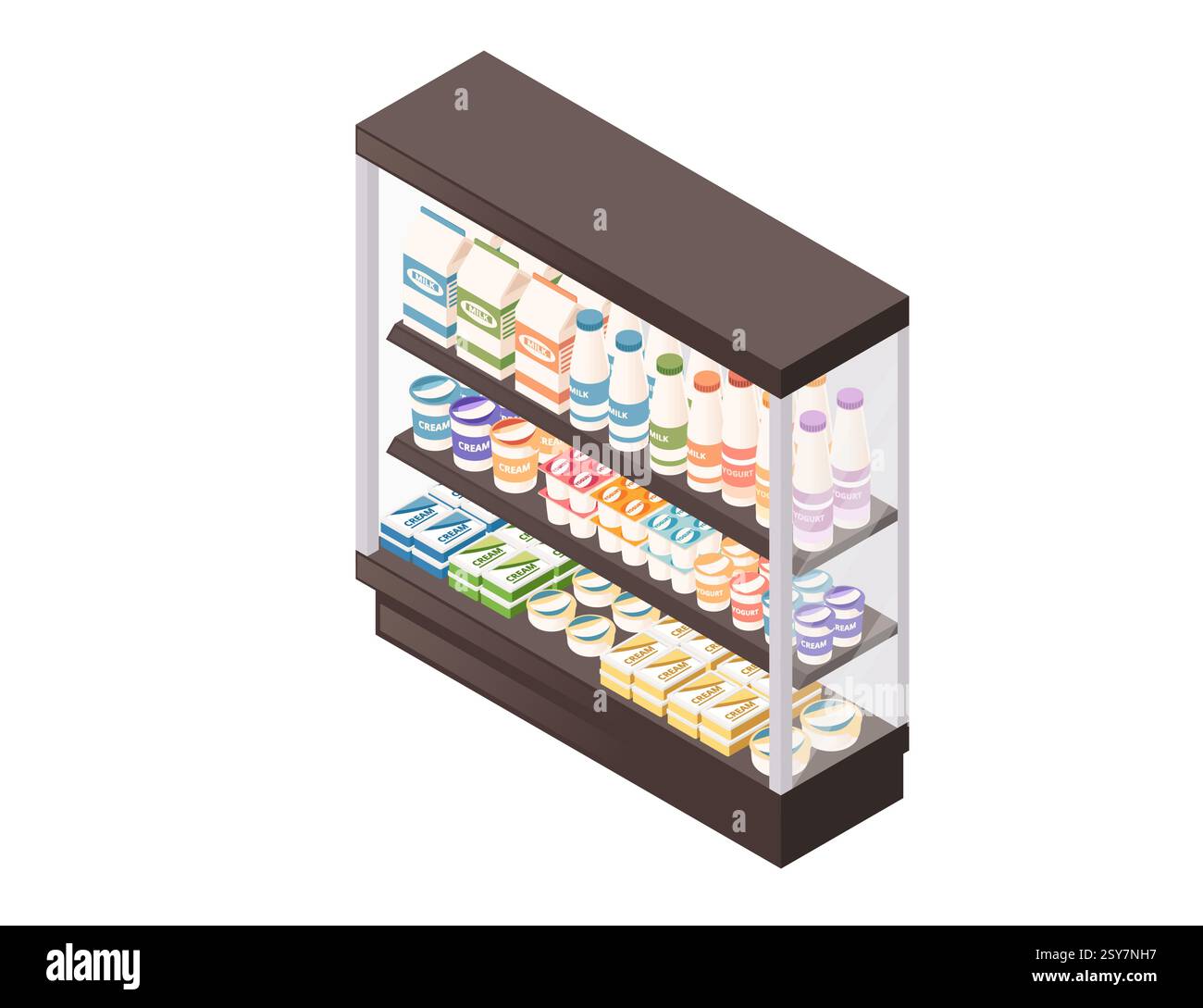 Isometric grocery shelving unit with dairy products. Multi-tier ...