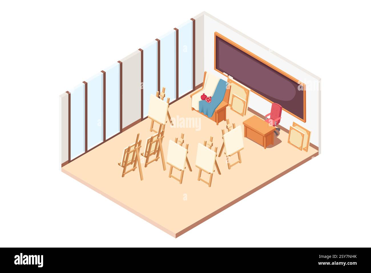 Isometric classroom with desks and chalkboard. Educational space with ...