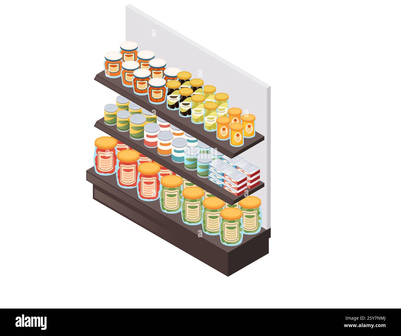 Grocery store shelving with jars and canned goods. Multi-tier retail ...