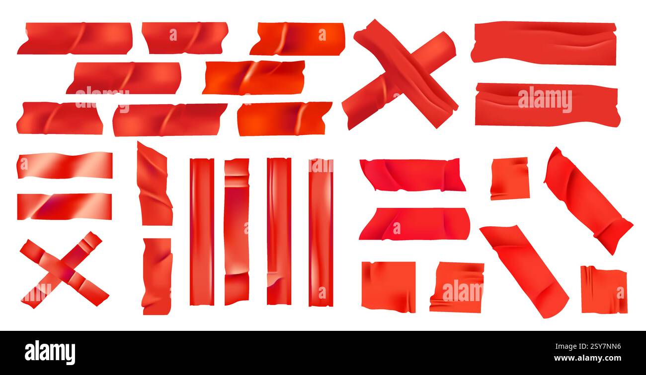 Red ribbons and tape pieces. Various shapes and cuts. Adhesive strips ...