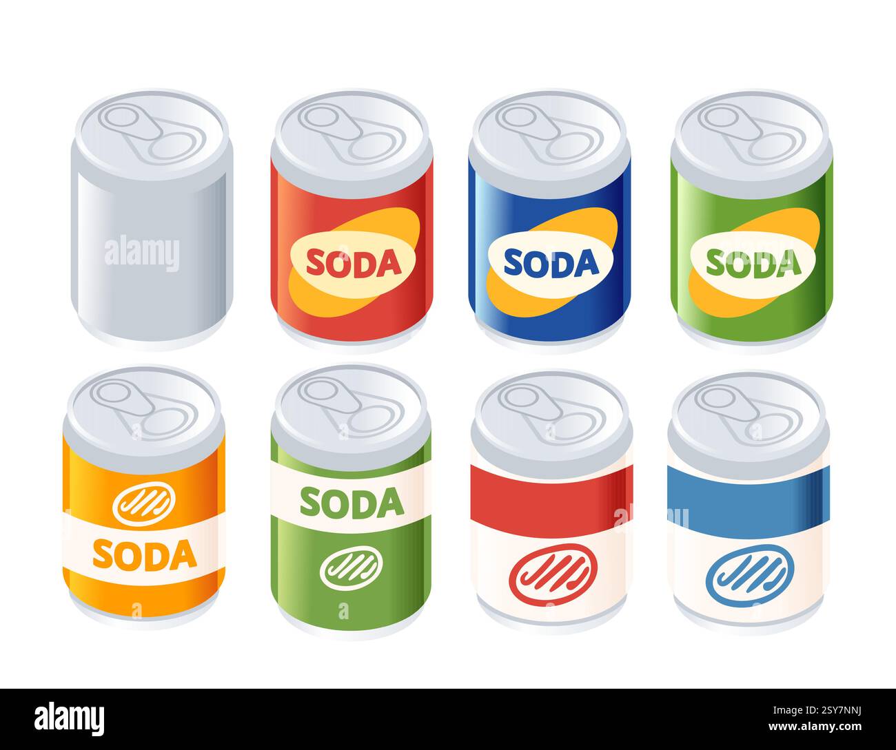 Isometric collection of soda cans with colored labels. Red, blue, green, and yellow beverage ...
