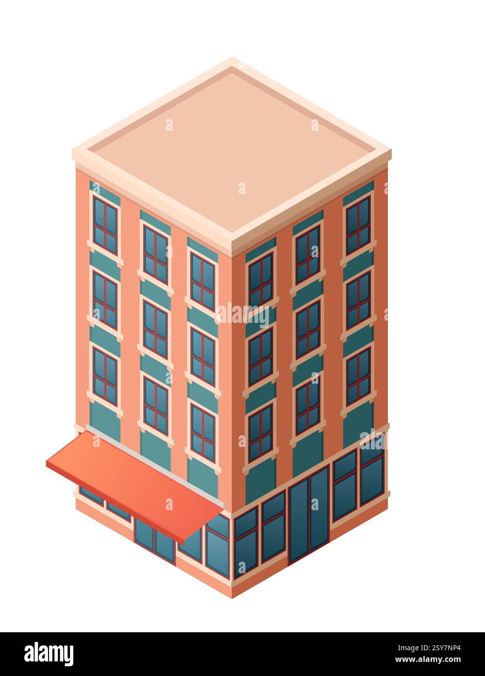 Isometric apartment building with blue windows. Multi-story residential ...