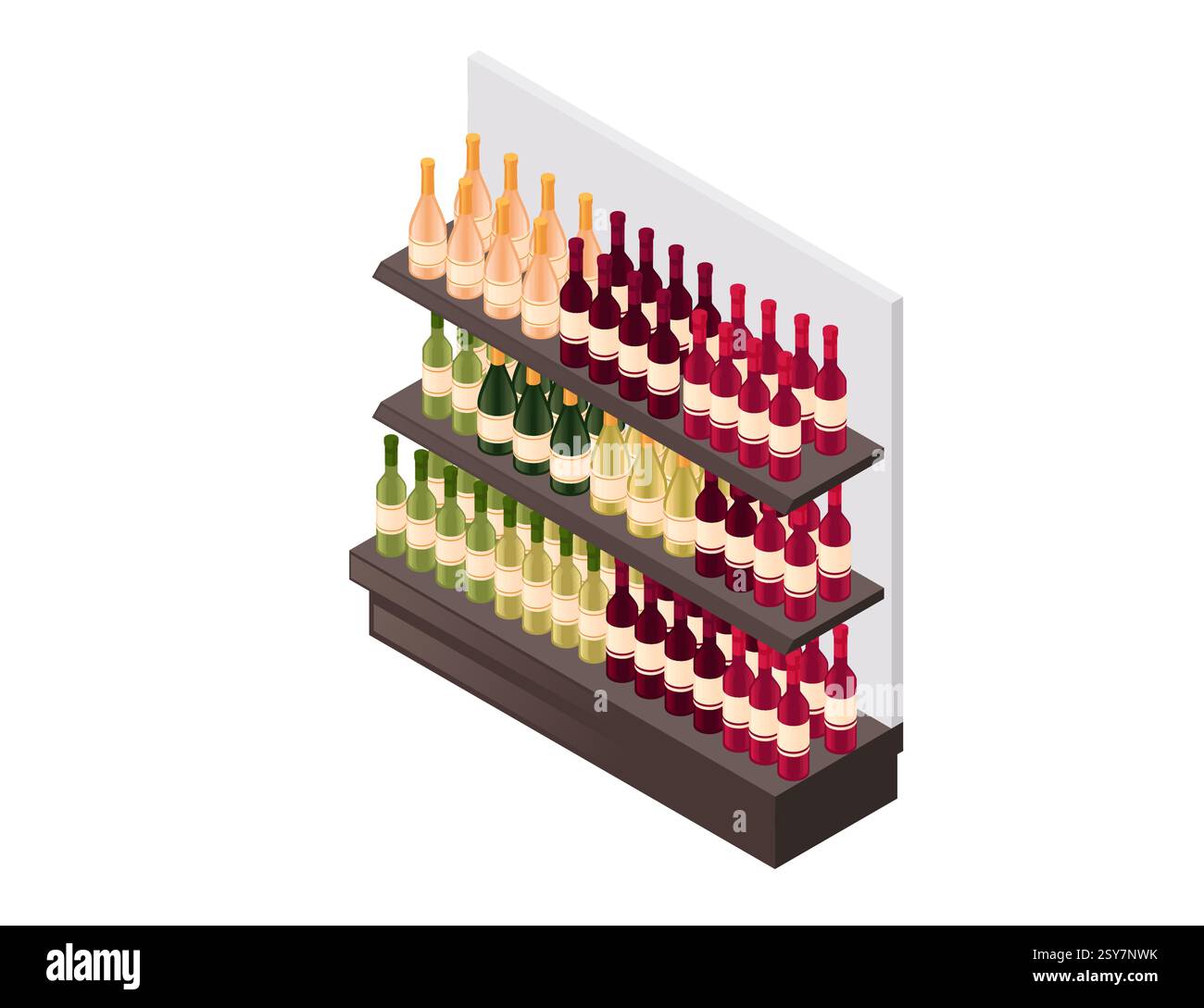 Wine rack display with multiple bottles. Organized alcohol shelf with ...