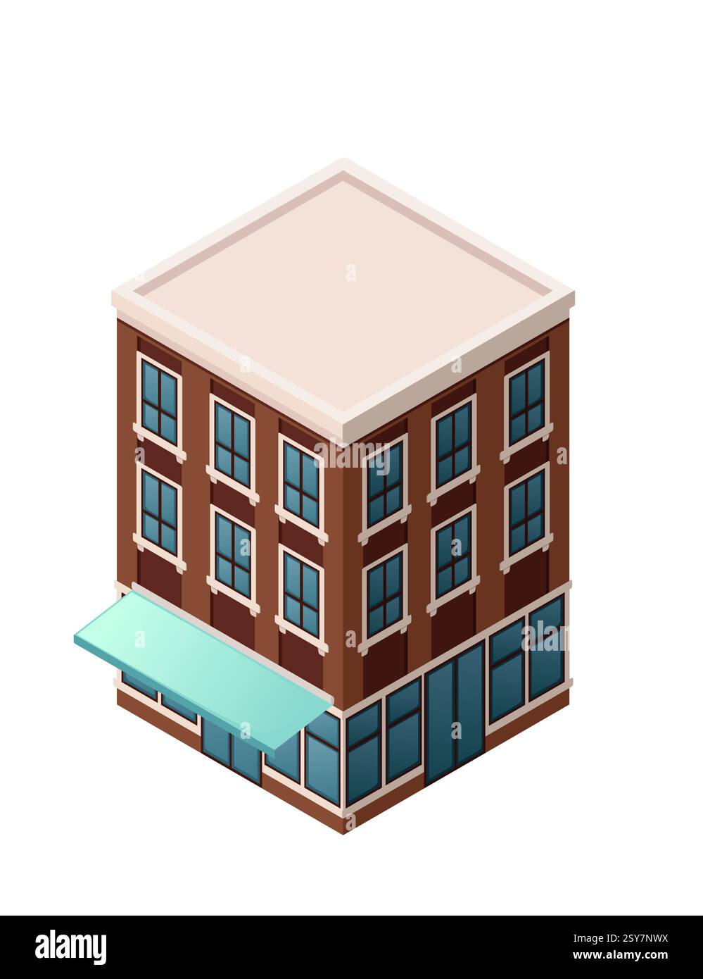 Isometric apartment building with blue windows. Multi-story residential ...