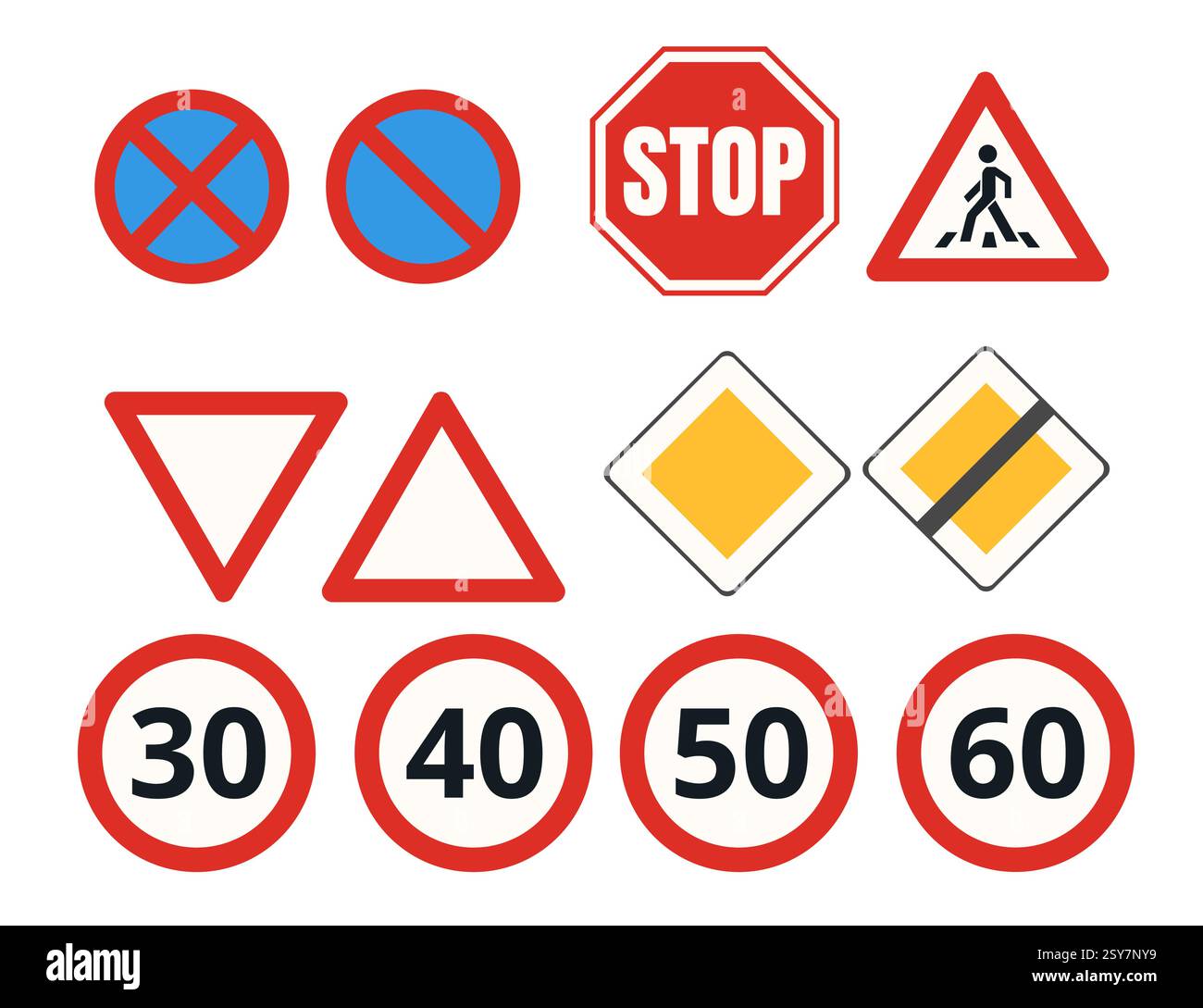 Set of traffic signs collection. Red stop sign. Yellow square warning ...