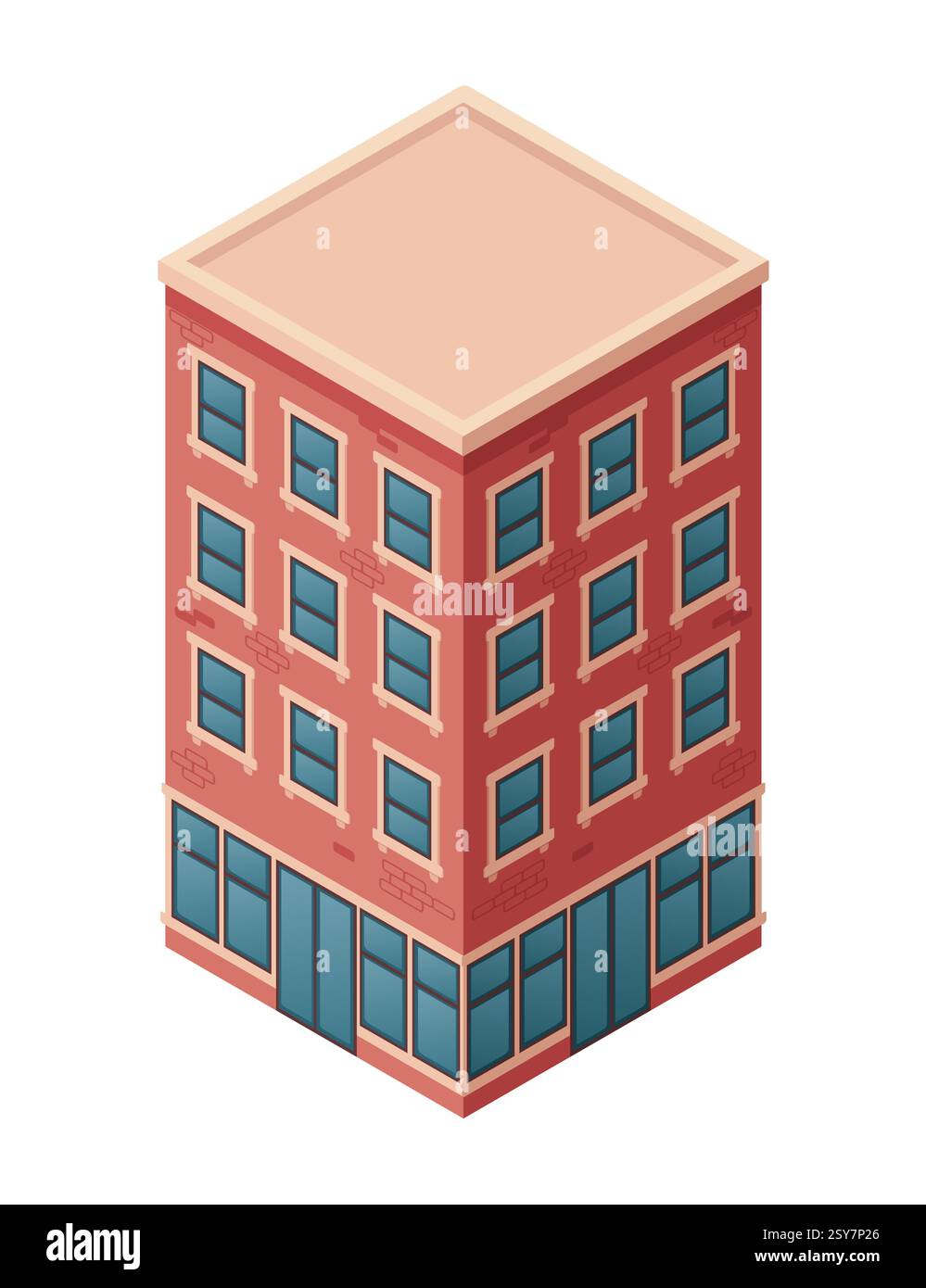 Isometric red building with blue windows. Multi-story commercial ...