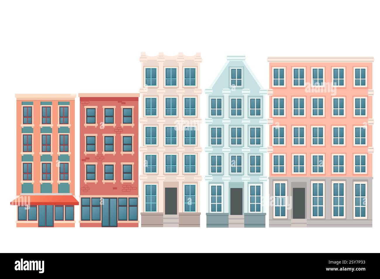 Row of buildings in pastel colors. Pink, red, and white townhouses with ...