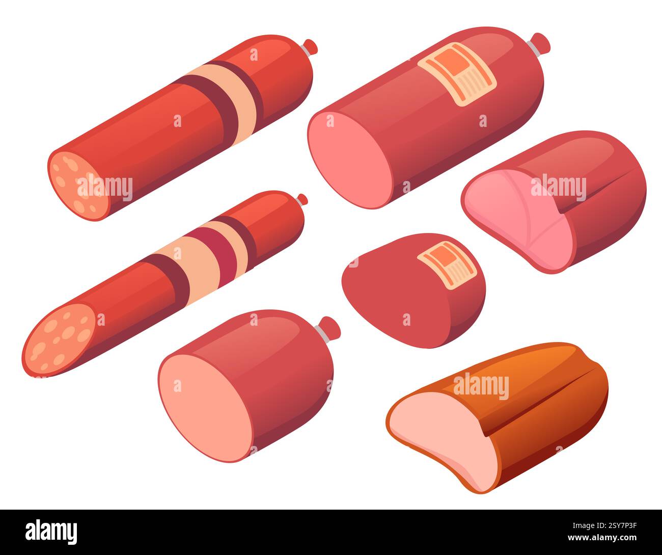 Large sausage set. Halved salami pieces. Small pepperoni sausages. Red ...