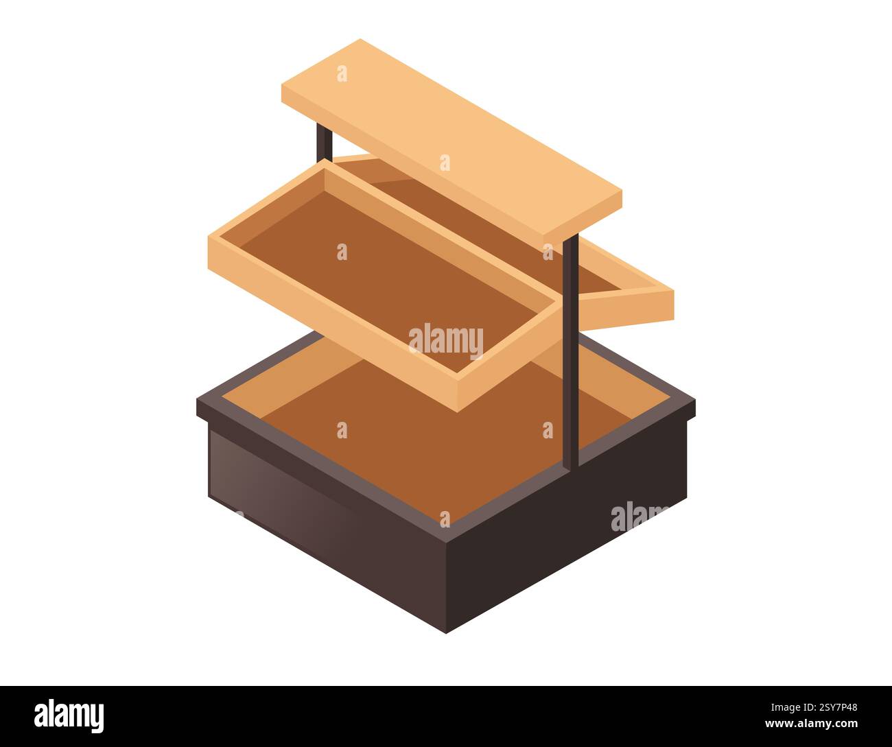 Isometric wooden store shelf with multiple horizontal levels. Brown ...