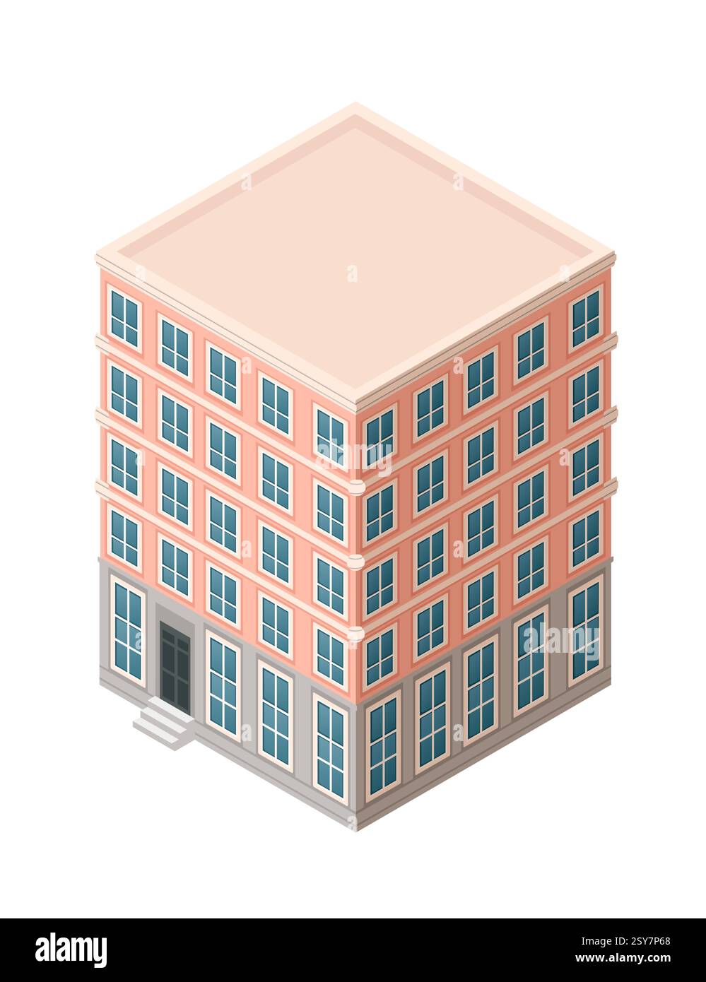 Isometric pink-beige apartment building with blue windows. Five-story ...