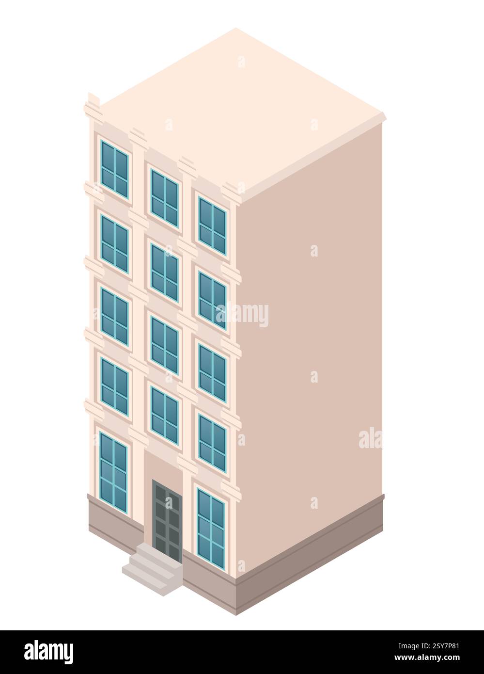Isometric beige building with blue windows. Multi-story commercial ...
