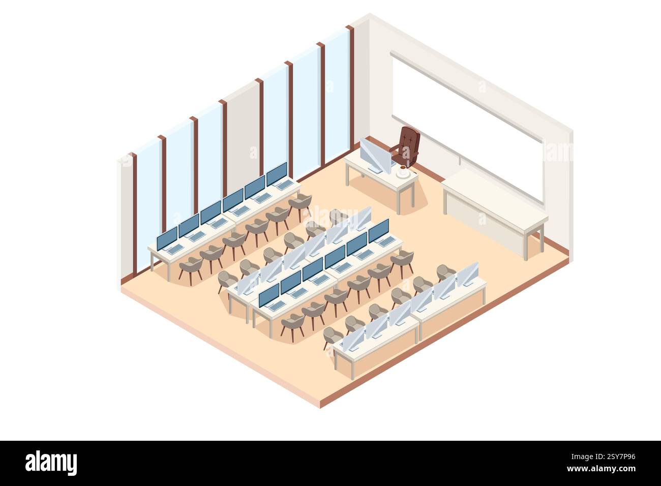 Isometric computer classroom with rows of desks. Educational IT lab ...