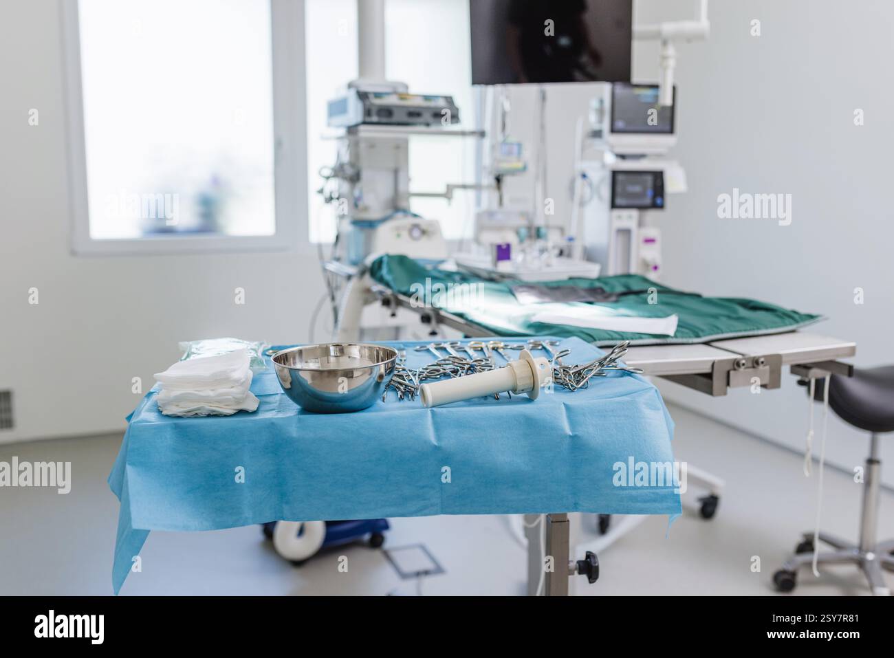 Empty sterile operating veterinary room with surgical instruments and ...