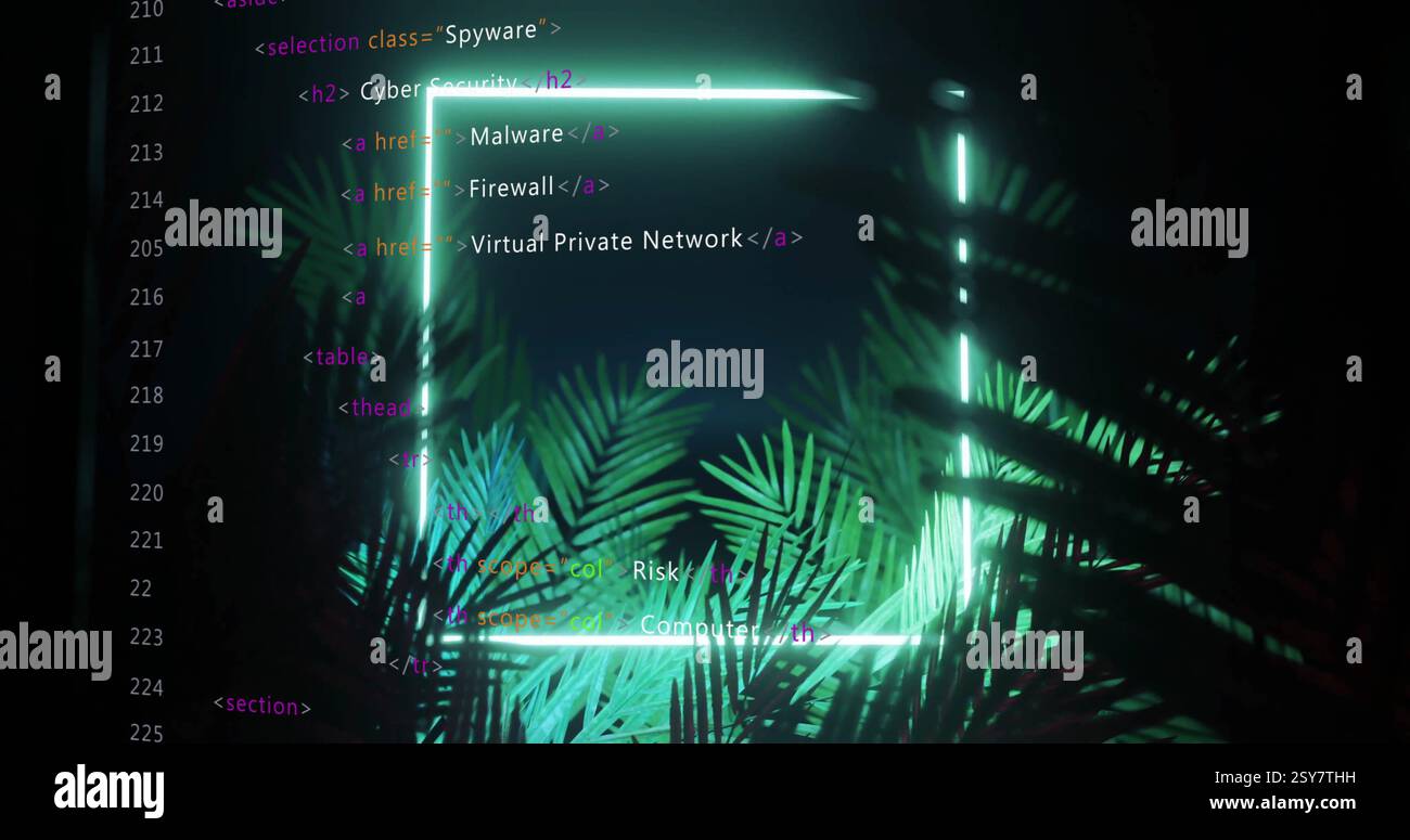 Neon square frame and coding image over tropical plants background ...