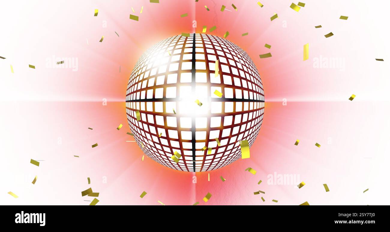 Rotating disco ball with confetti image over pink background Stock ...