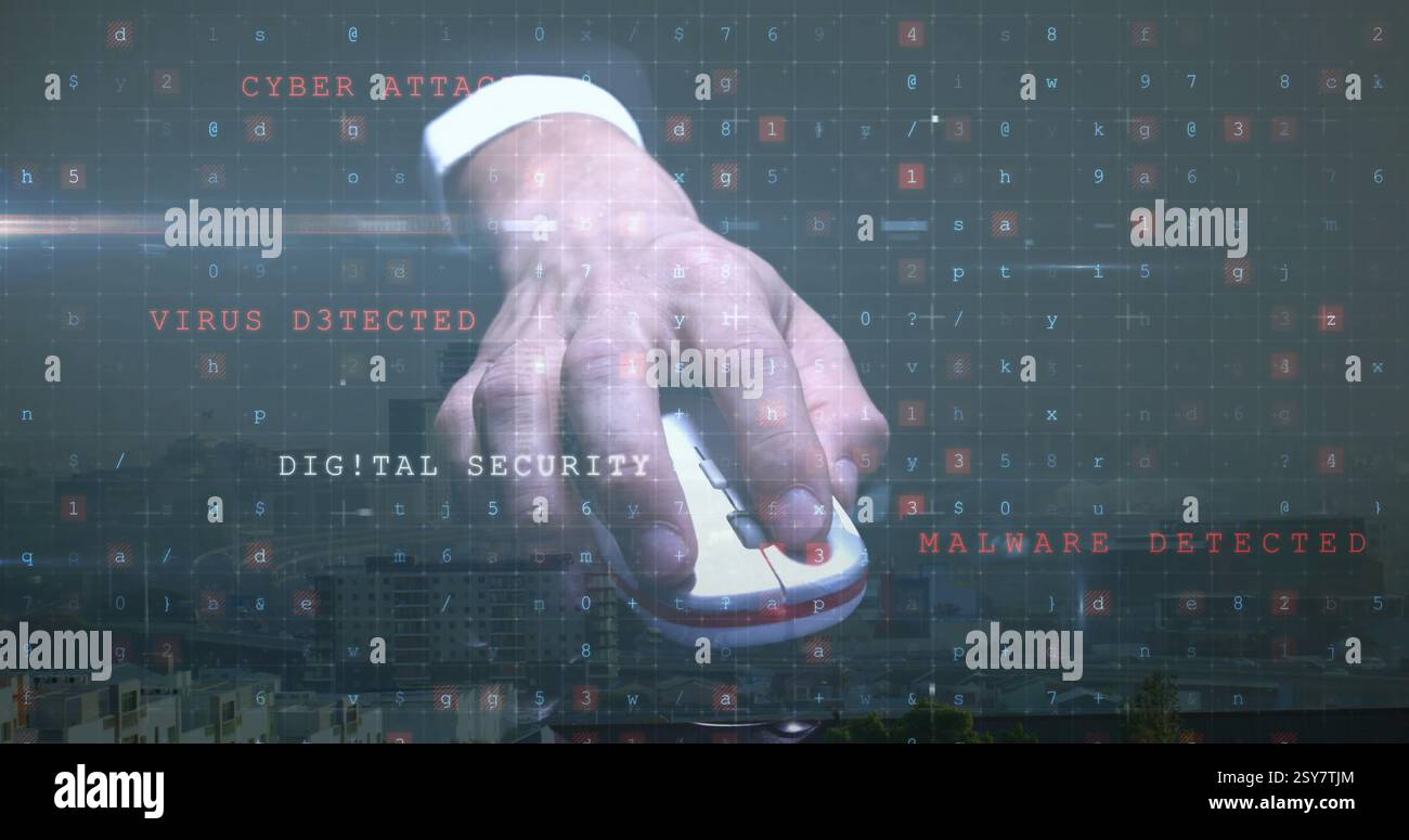 Hand using computer mouse over cybersecurity threat detection image ...
