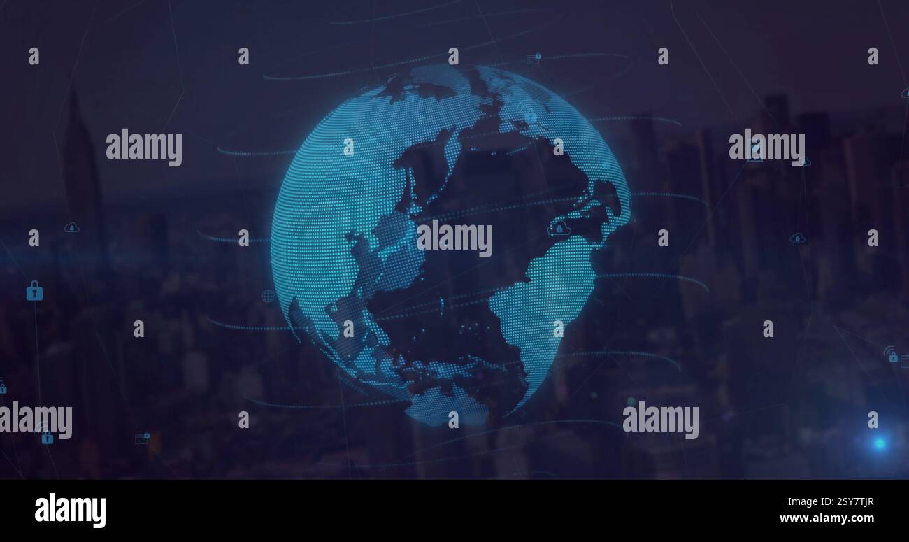 Rotating digital globe with data icons image over cityscape background ...