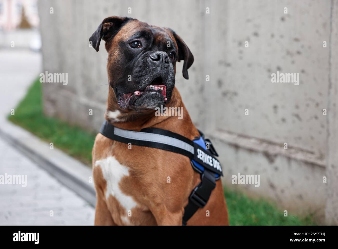 Cute service dog in vest on city street Stock Photo - Alamy