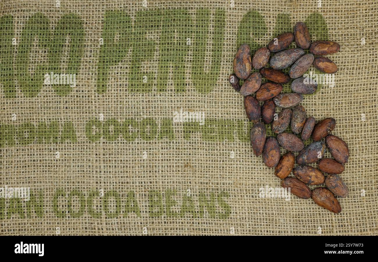 Map of Peru, made with cocoa beans on an eco-friendly jute sack ...