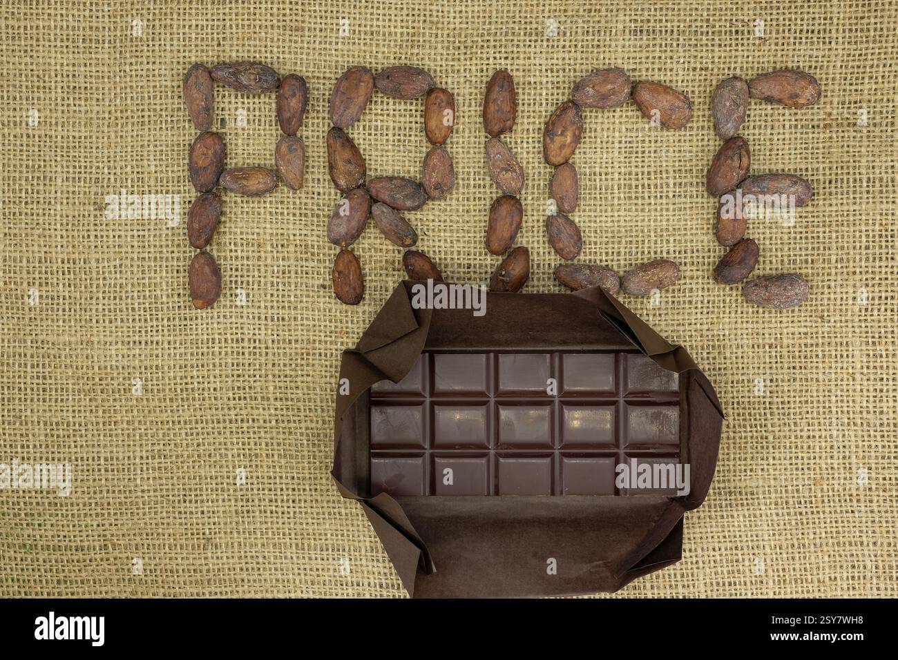 Chocolate Bar and Word Price from Cocoa Beans. Packaging. Jute Fabrick ...
