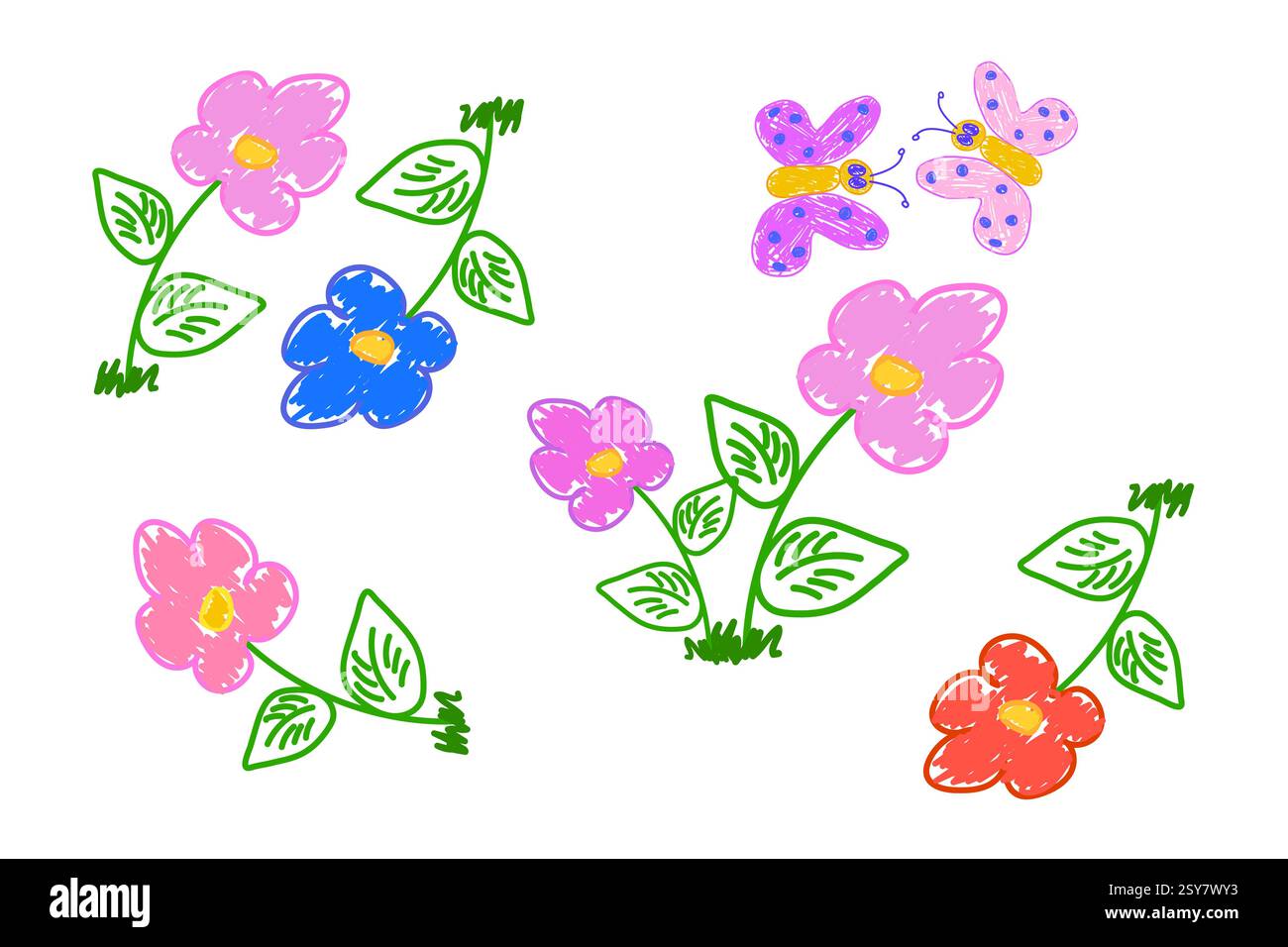 Playful doodle-style illustration of vibrant flowers and two ...