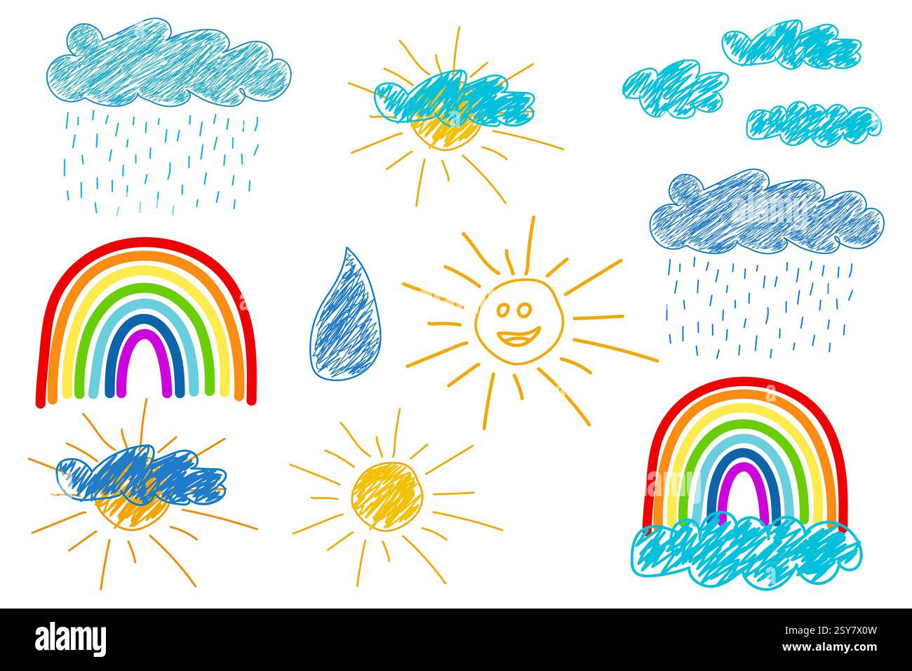 Colorful doodle-style weather elements featuring the sun, rain, clouds ...
