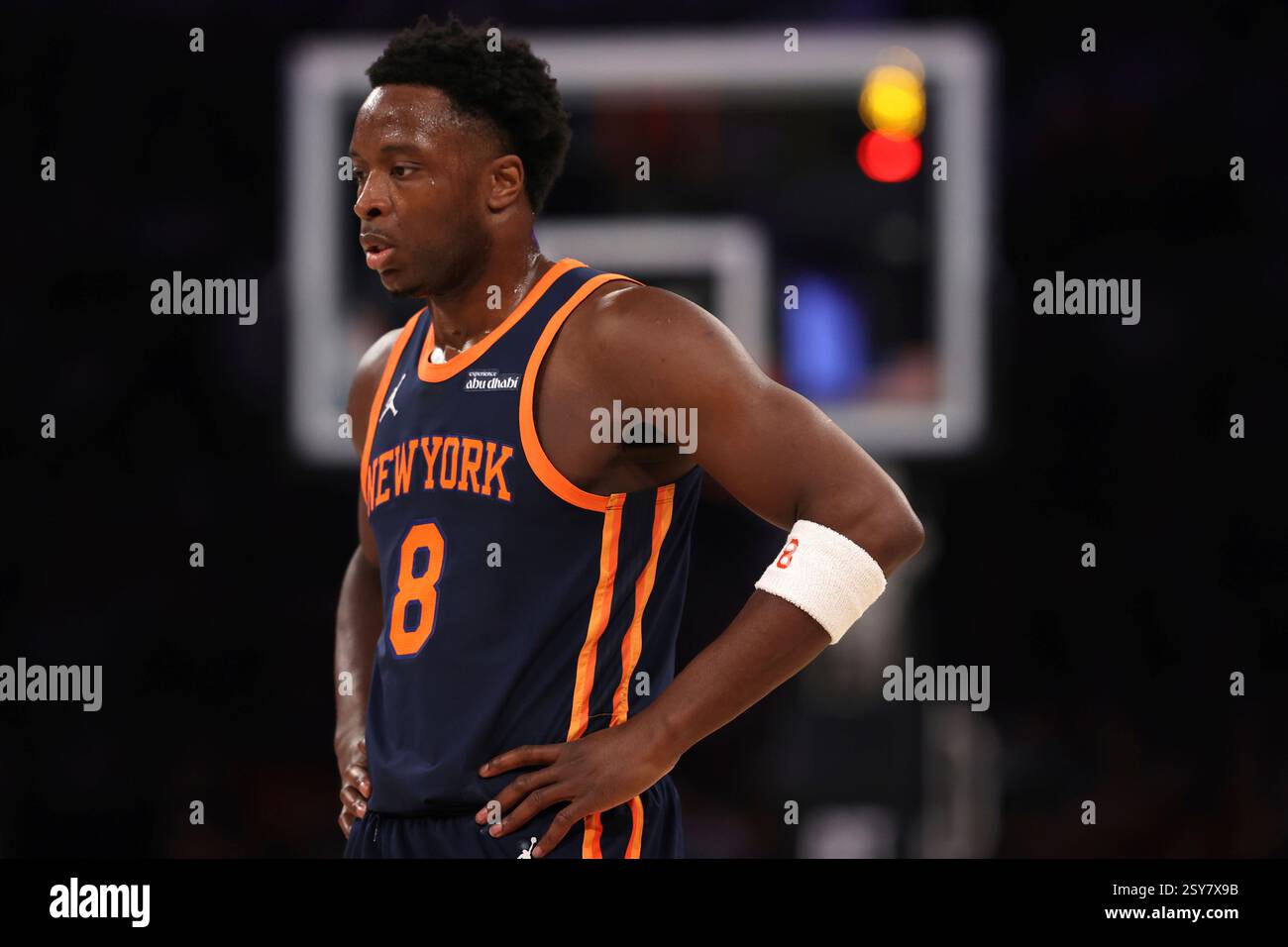 New York Knicks' OG Anunoby stands on the court during the first half ...