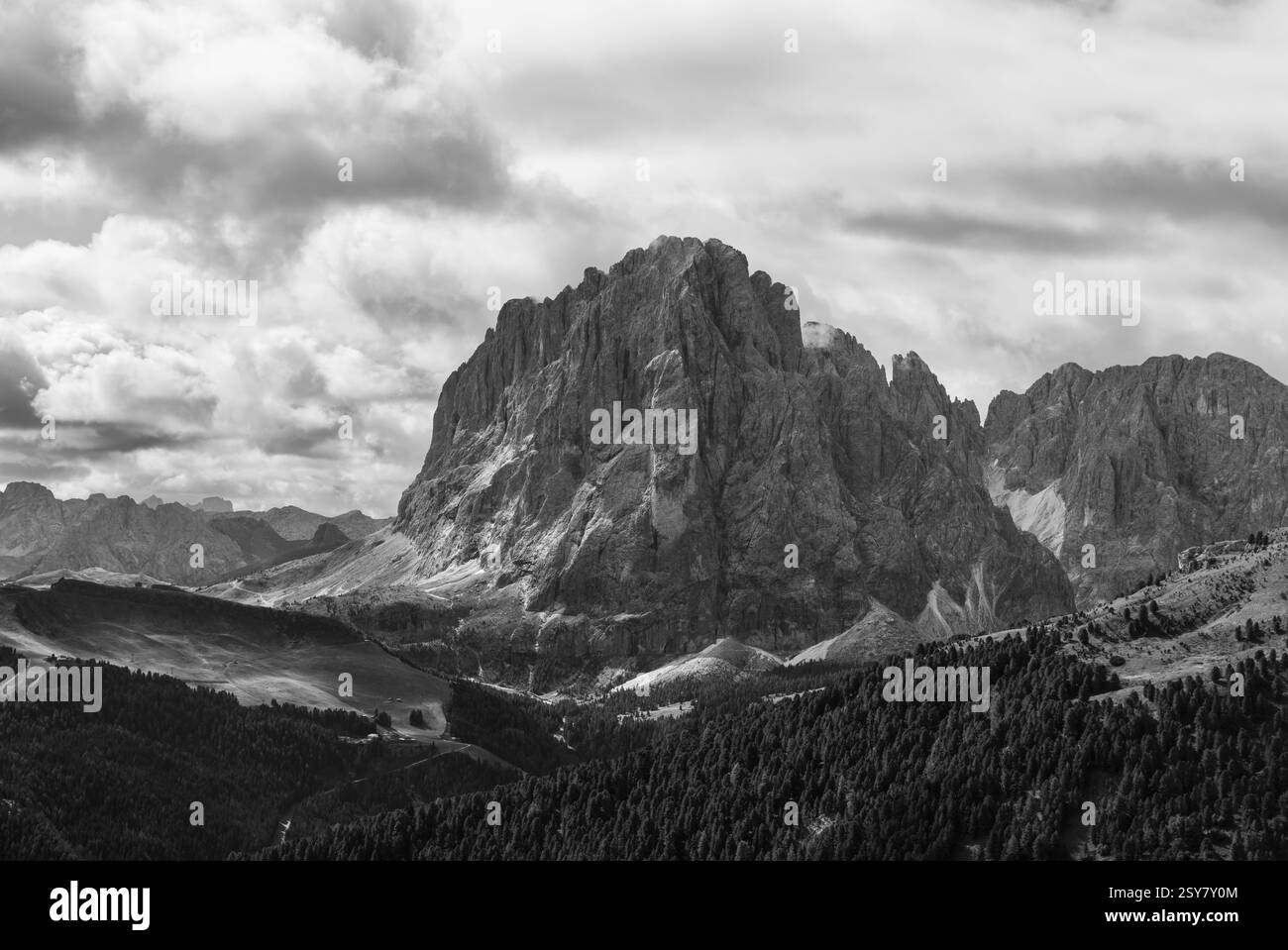 A dramatic black and white view of Sassolungo in Val Gardena ...
