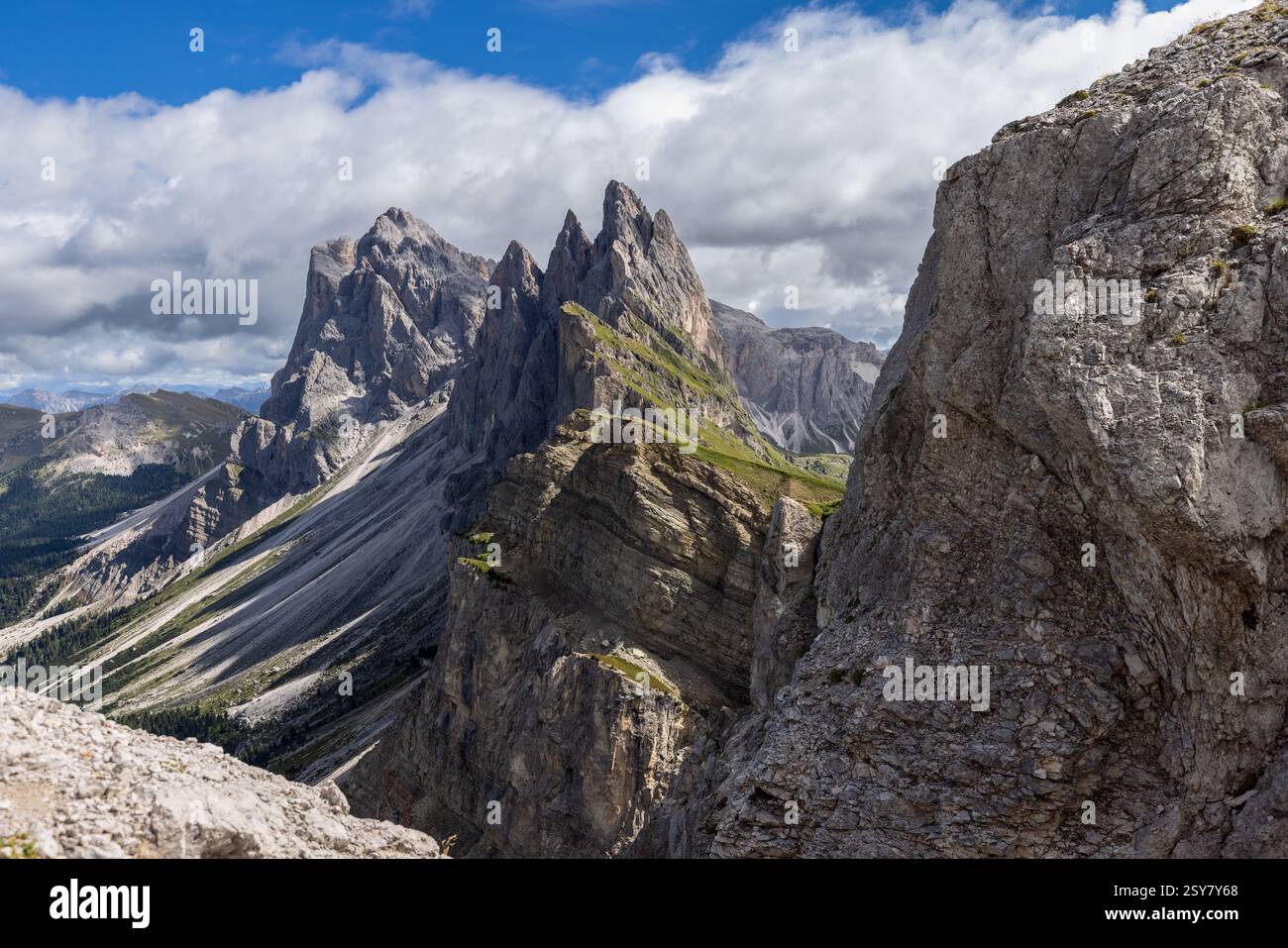 Side angle capture of Seceda ridge in the Dolomites, Italy, emphasizing ...
