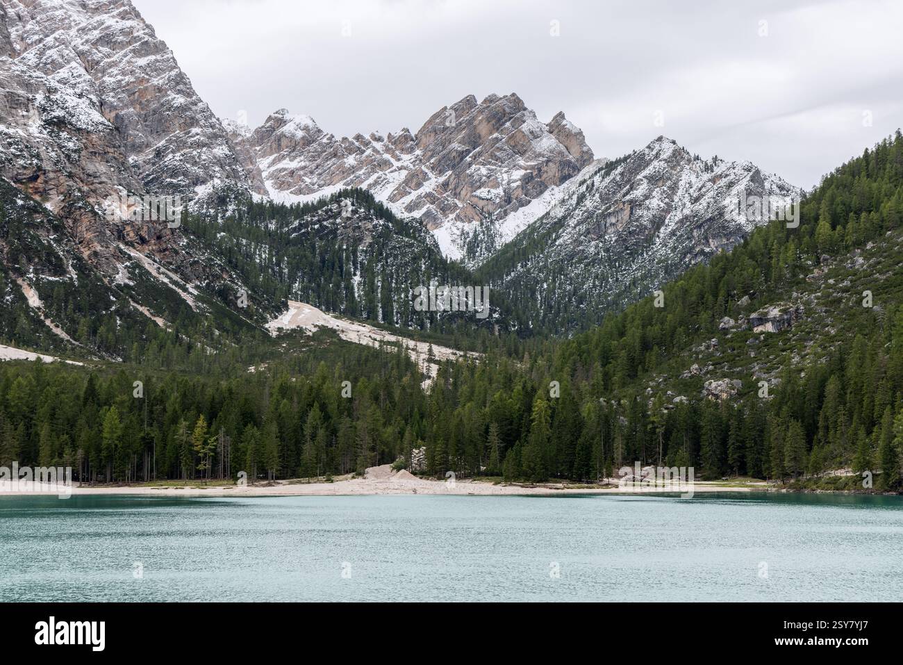 The snow-covered Croda del Becco in the Dolomites towers above the ...