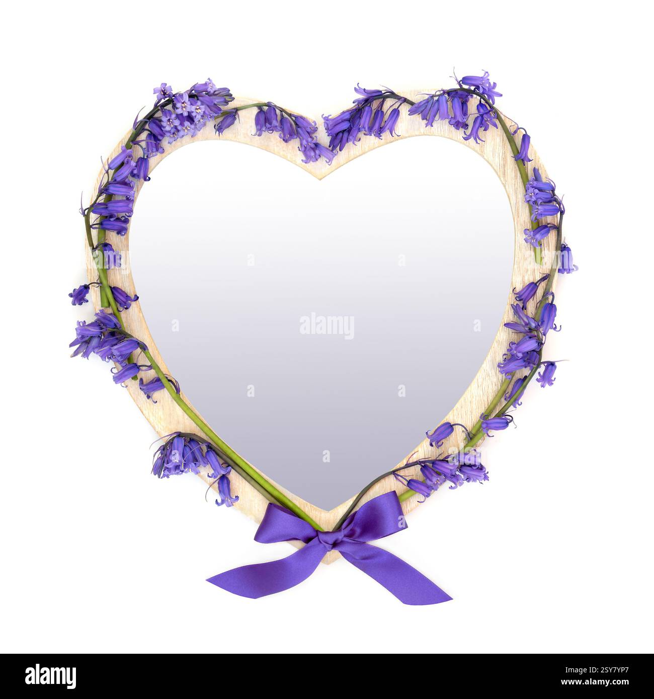Romantic heart shape bluebell flower frame for Spring Beltane on white ...