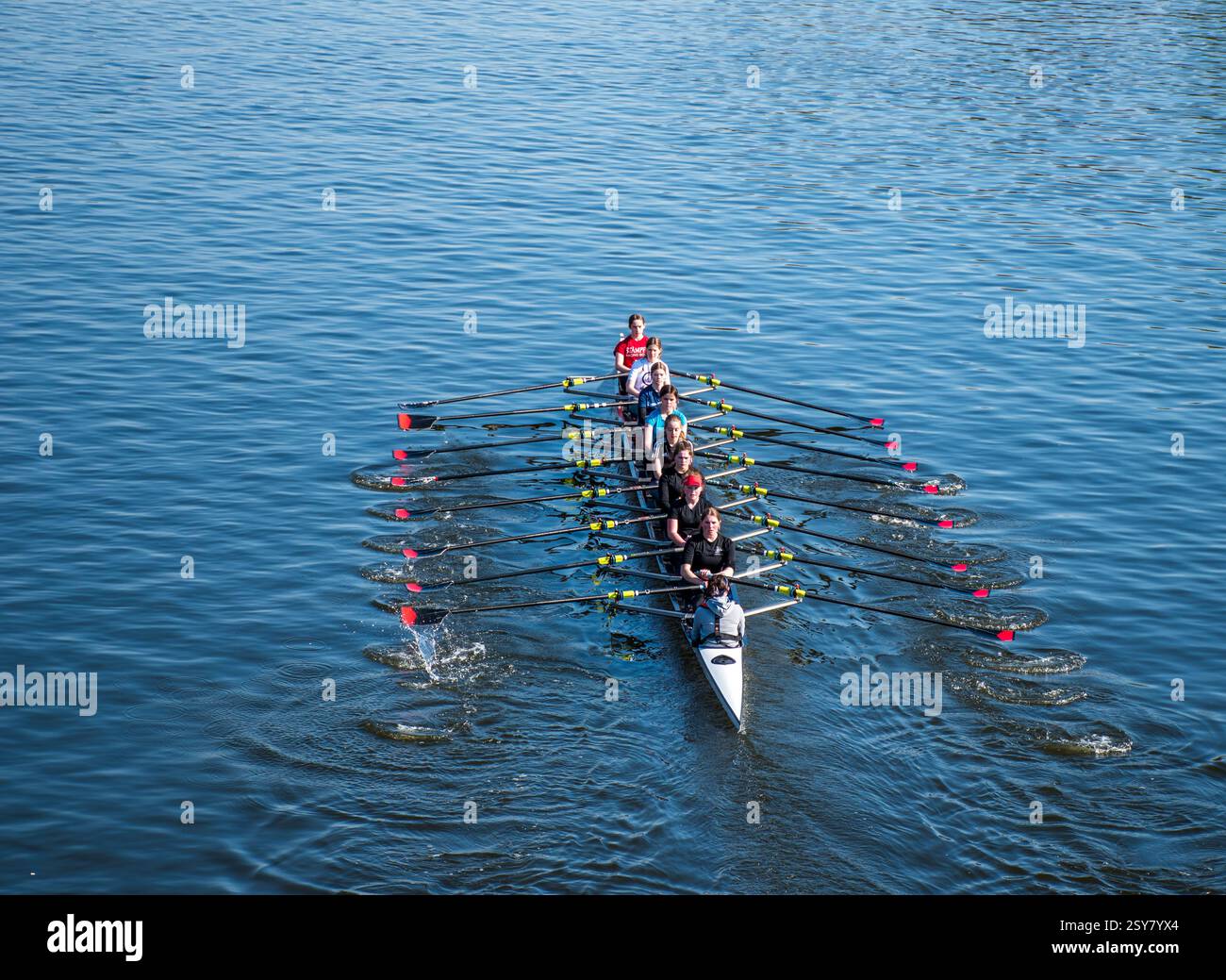 Athletes doing rowing training in a canoe on the river Trent in ...