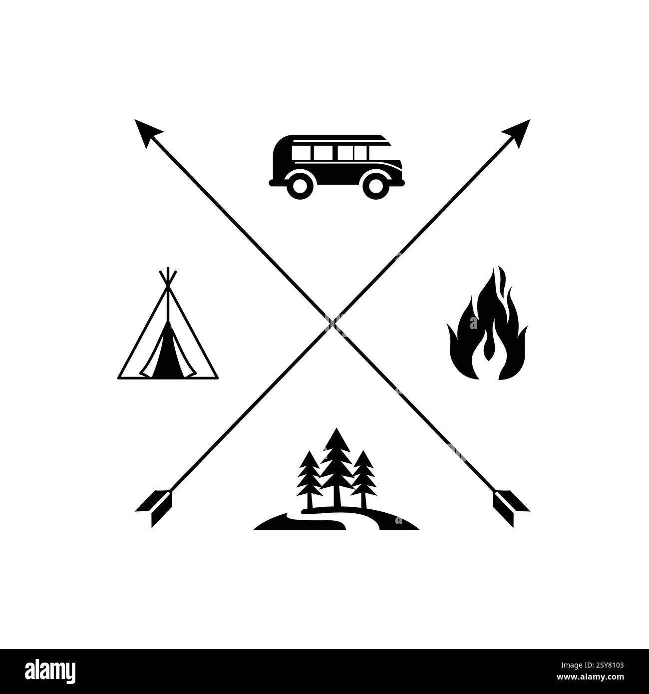 Camping and adventure logo vector. Tent, campfire, camping van, forest ...