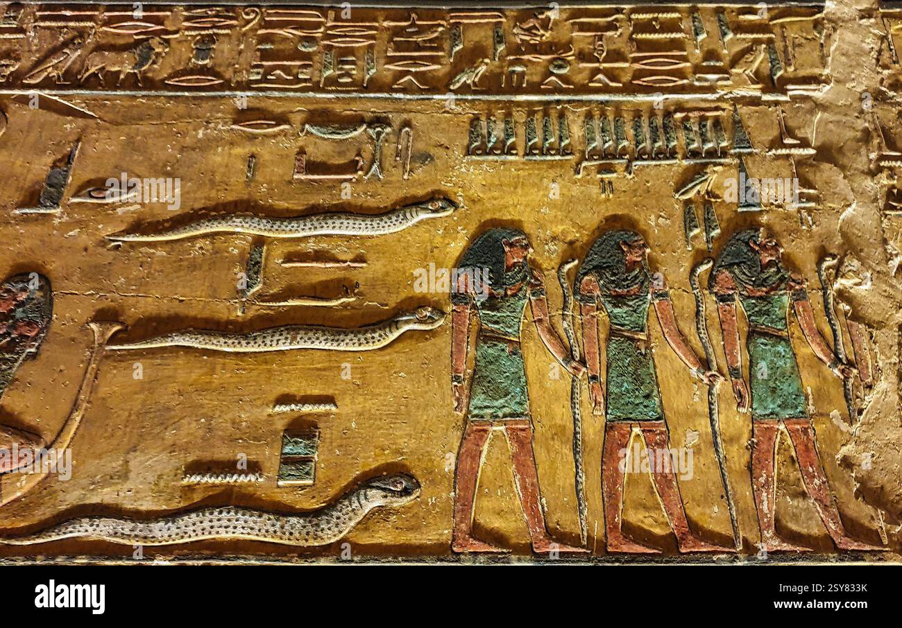 Close up of a wall relief of scene from 1st Hour of Amduat in chamber J ...