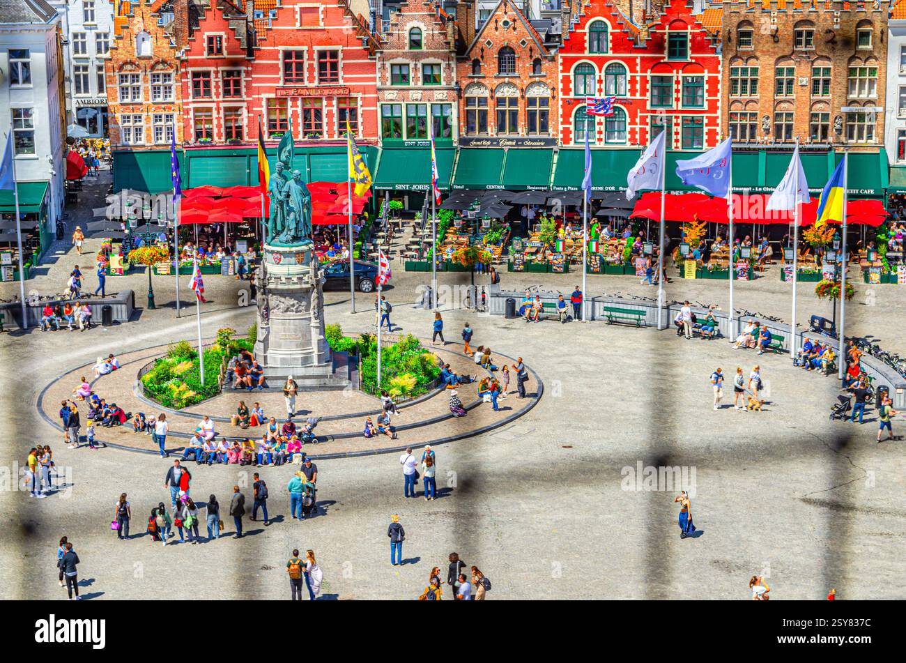Bruges, Belgium, July 5, 2023: aerial view of Market square with crowd ...