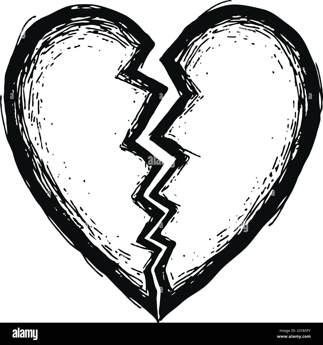 A broken heart drawn in a sketch style, featuring bold black strokes on ...