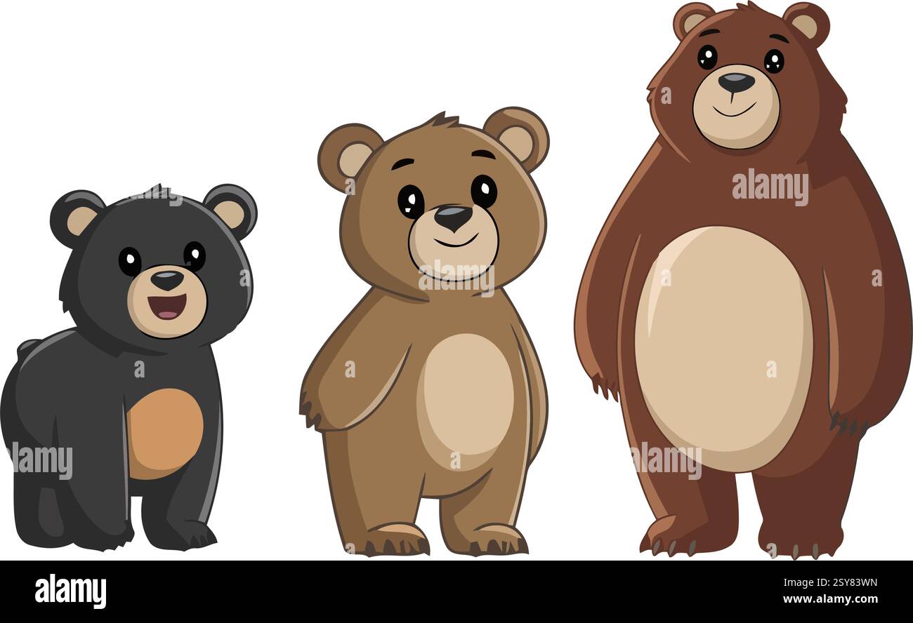 Cartoon Illustration of Five Different Bears Standing in a Row on a ...