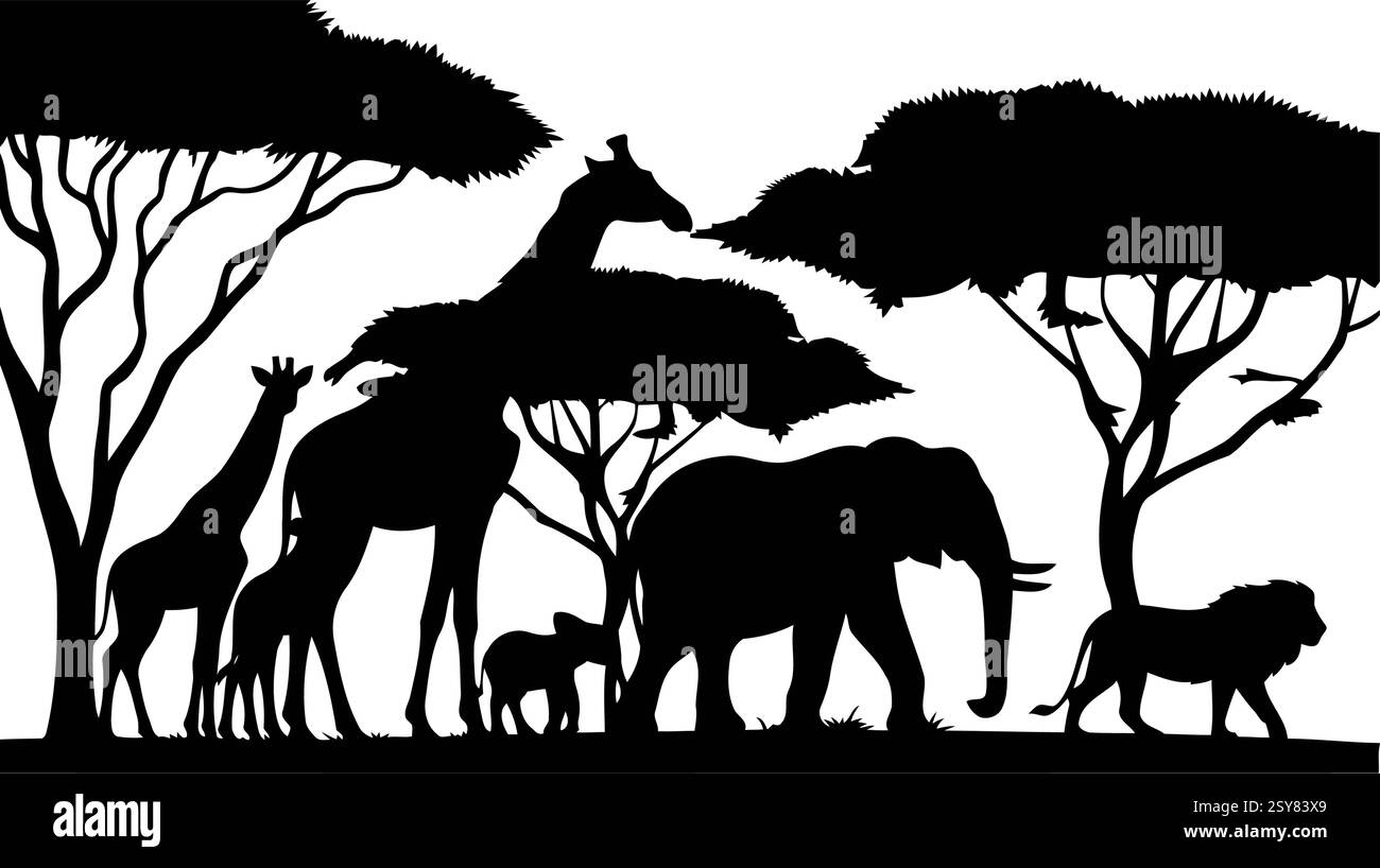 African Safari Silhouette with Giraffes, Elephants, and Lion Under ...