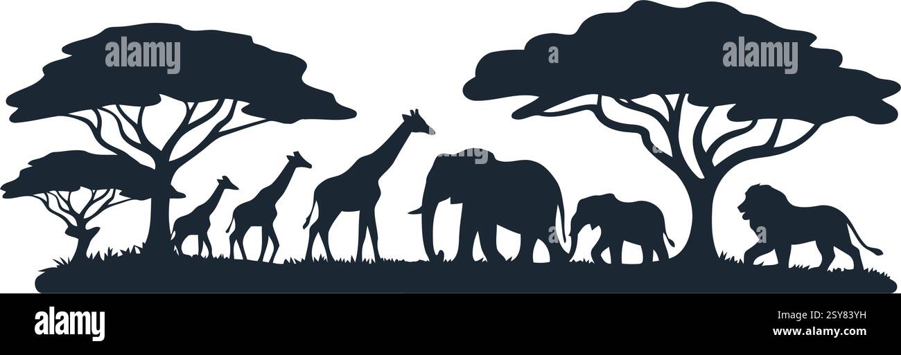 African Safari Silhouette with Giraffes, Elephants, and Lion Under ...