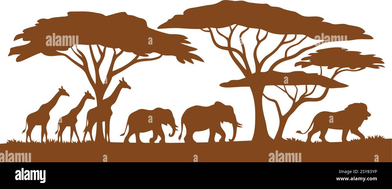 African Safari Silhouette with Giraffes, Elephants, and Lion Under ...