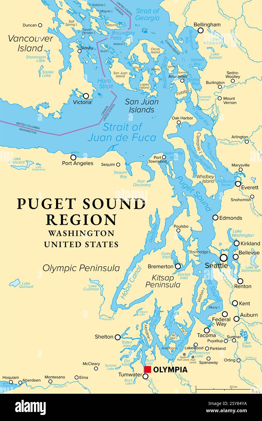 Puget Sound region, U.S. state of Washington, political map. Coastal ...